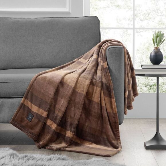 Brookstone | Holiday | Brookstone Heated Printed Plush Throw Striped ...